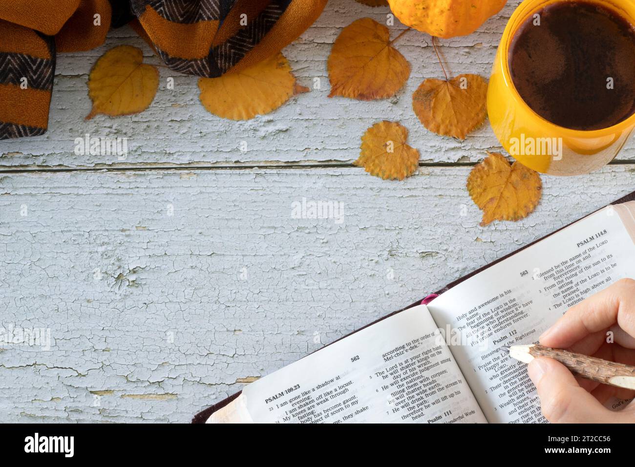 Hand holding pencil over open holy bible book with cup of coffee and autumn leaves on wooden ...