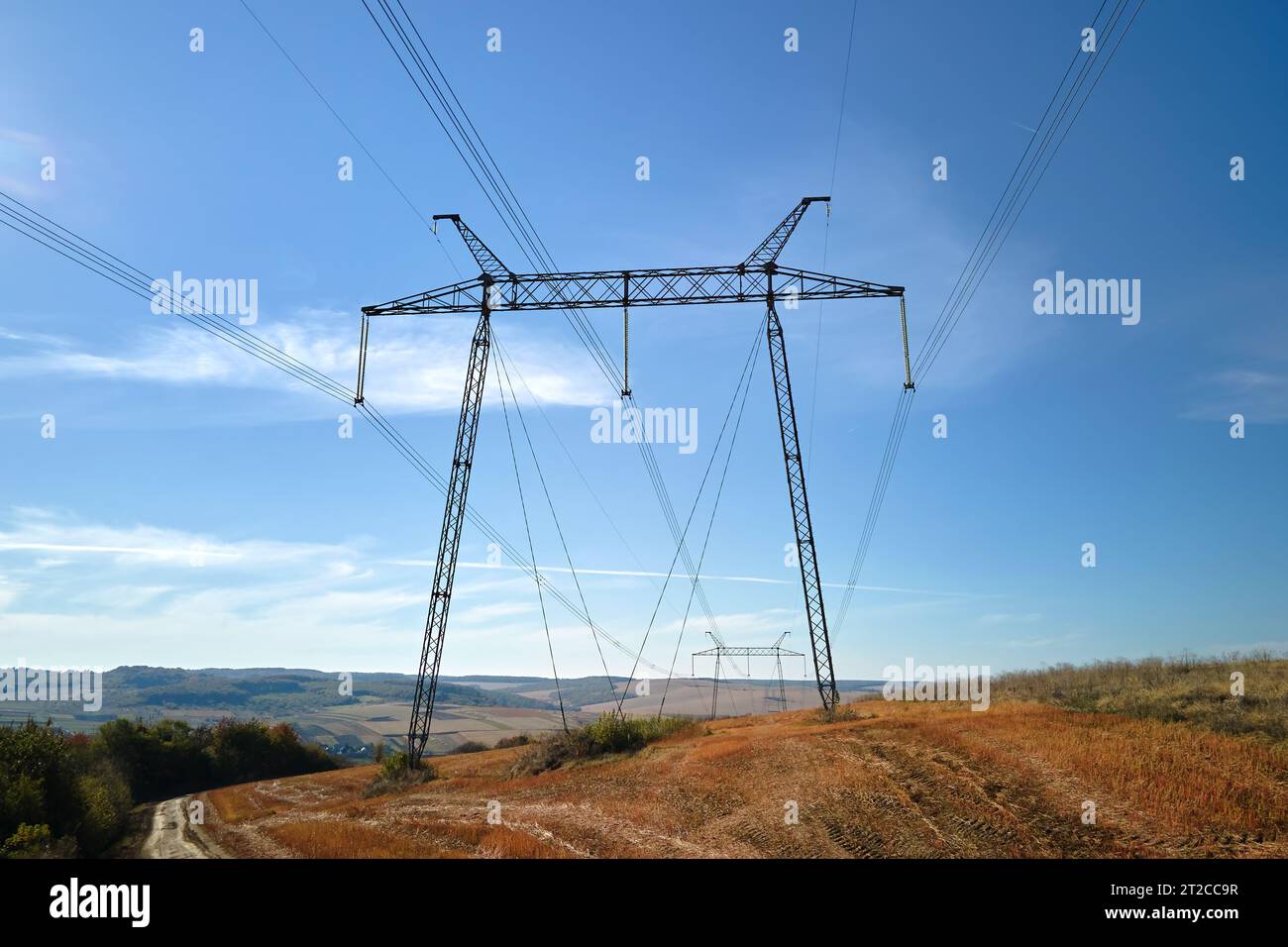 Steel pillar with high voltage electric power lines delivering ...