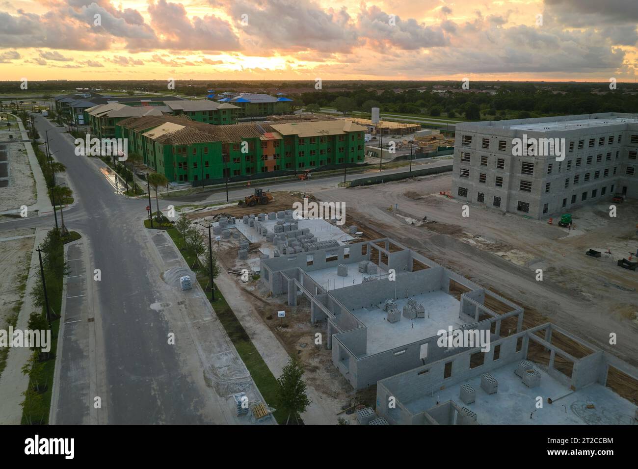 Top view of apartment buildings under construction in new developing ...