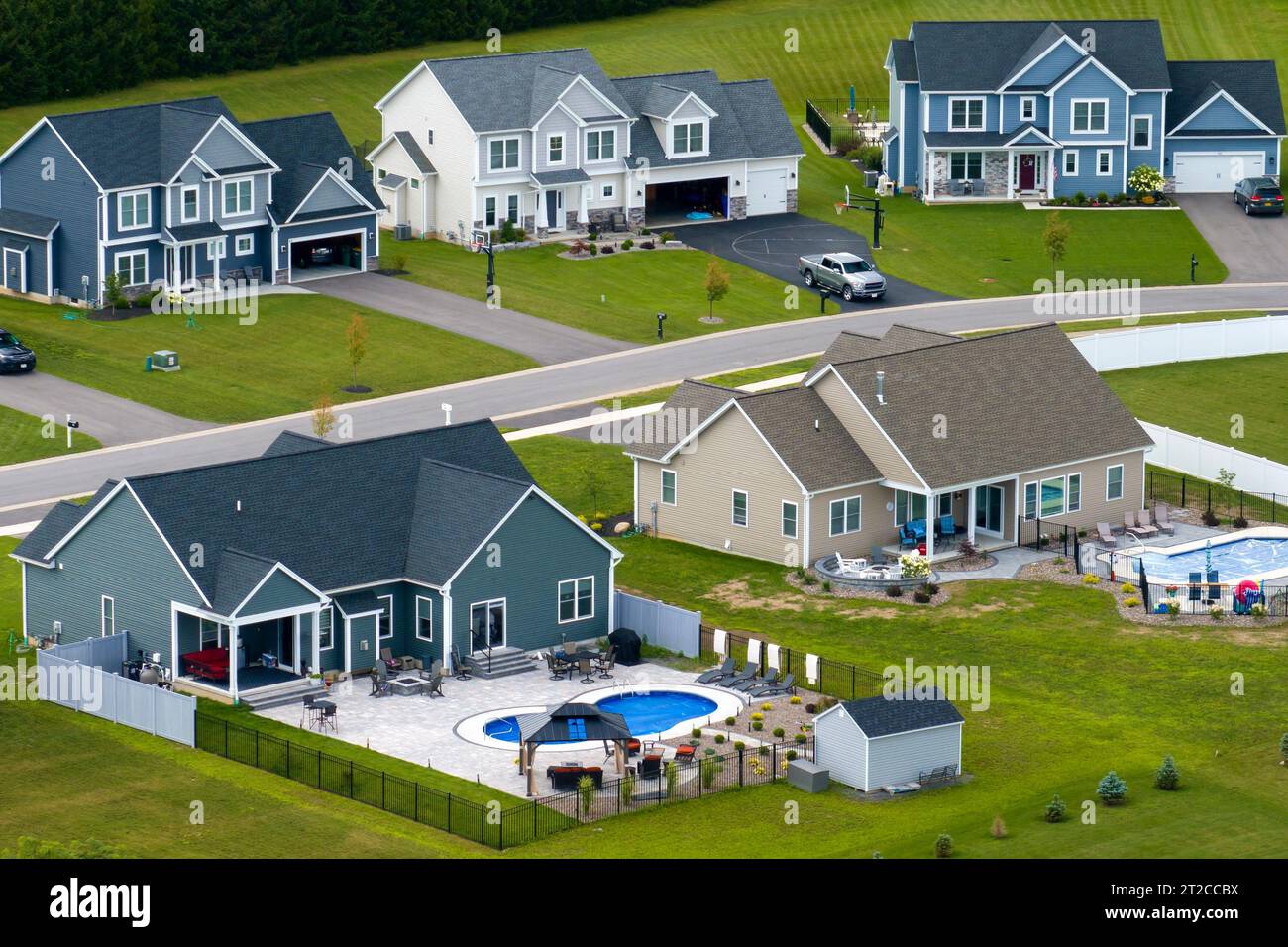 Top view of expensive two story private houses in Rochester NY suburbia ...