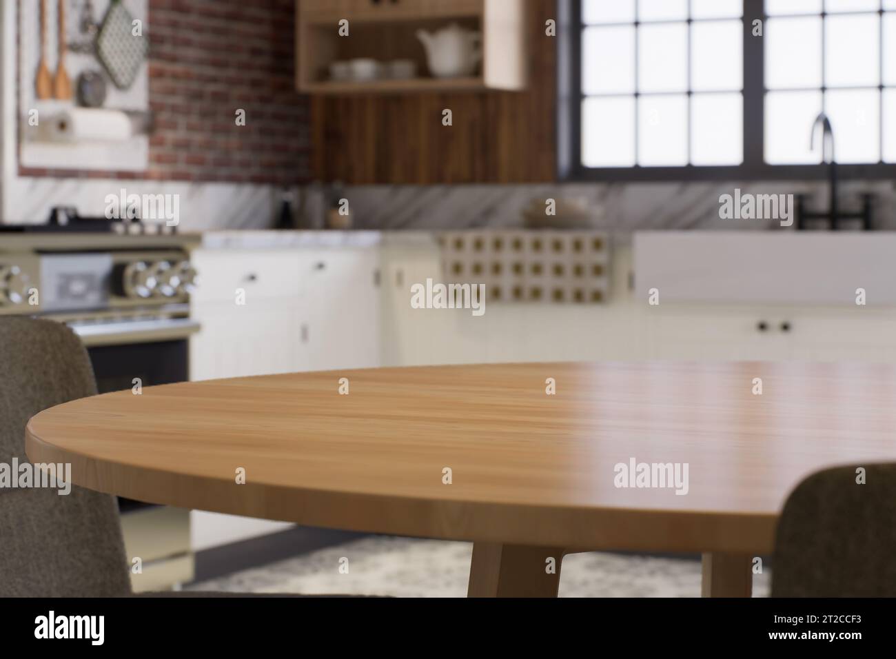 Kitchen with an emphasis on the surface of the kitchen table with a ...