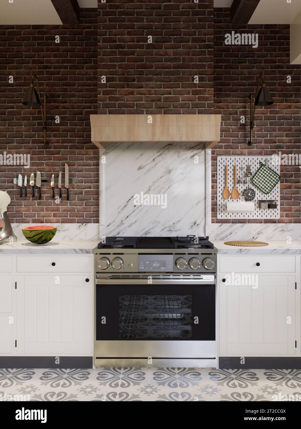 L-shaped kitchen with beams focusing on the stove with hood Stock Photo ...