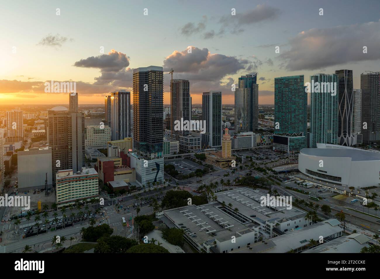 View from above of skyscraper buildings and urban traffic in downtown ...