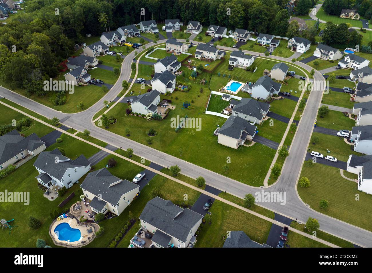 View from above of residential houses in living area in Rochester, NY ...