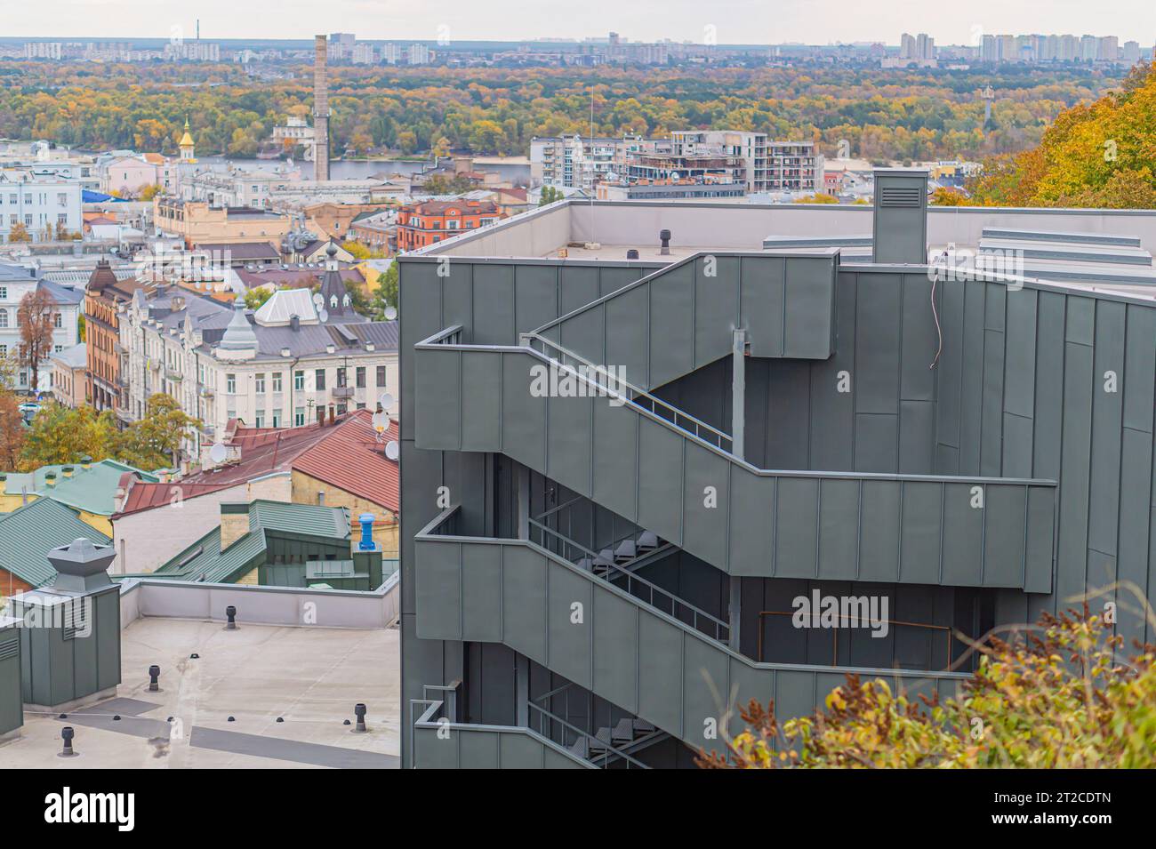 Fire Escape Stairs on the building. Construction with windows, walls of ...