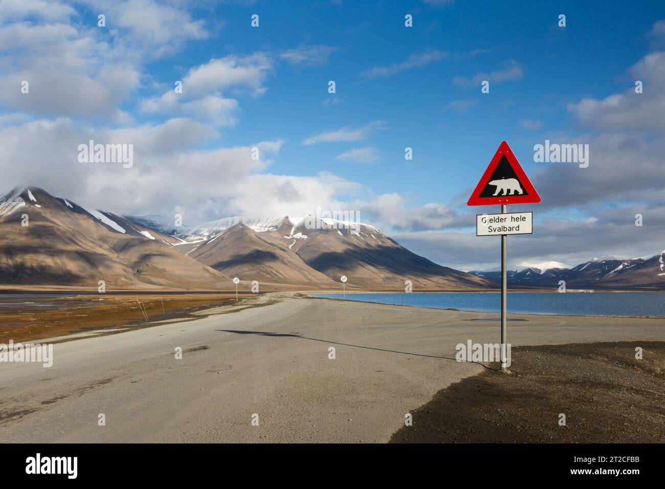 Landscape view of Polar bear Ursus maritimus warning sign on the ...