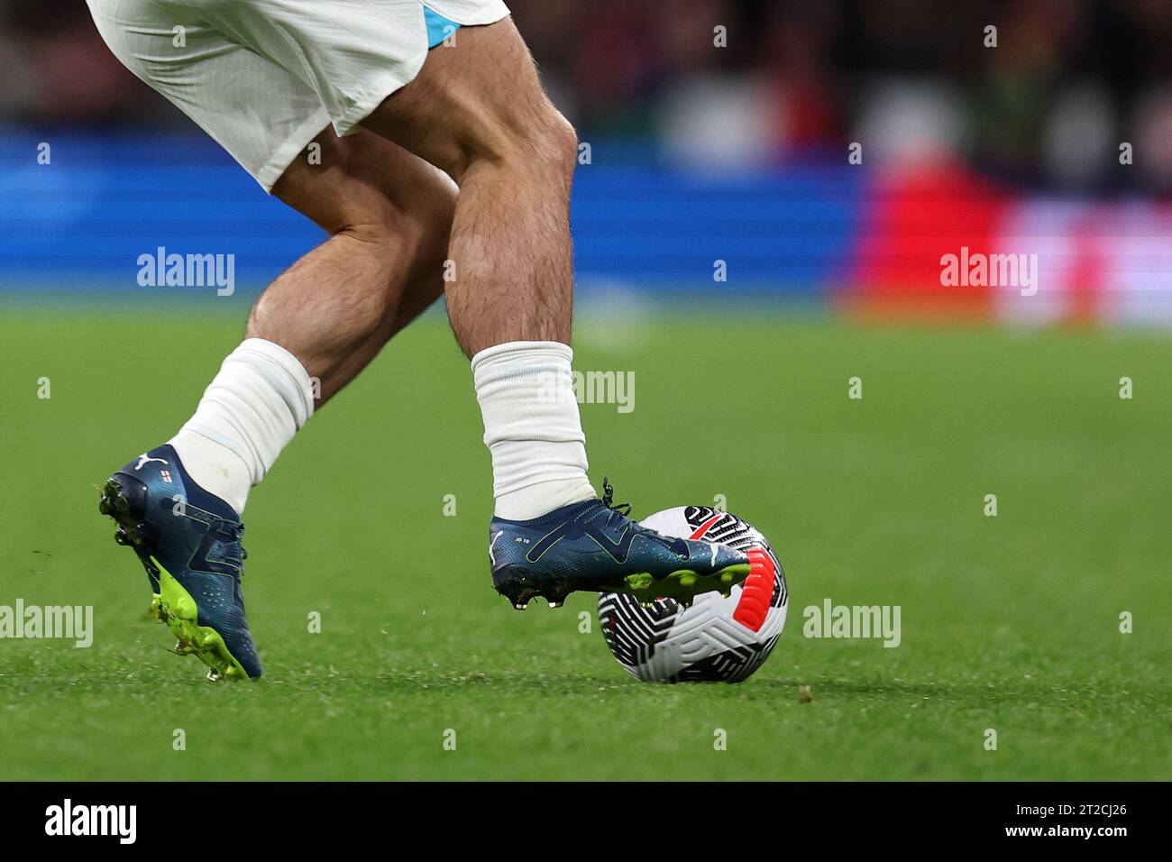 London, UK. 17th Oct, 2023. A close up of legs, boots and match ball of ...
