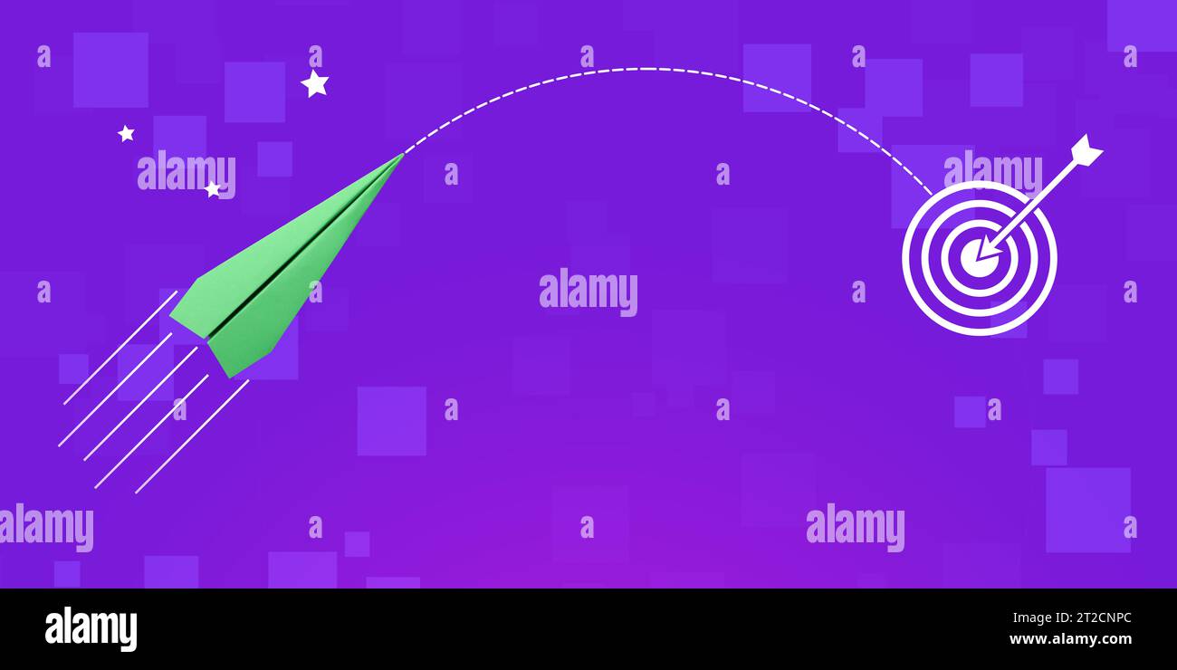 Target achievement. Paper plane heading to dartboard on purple ...