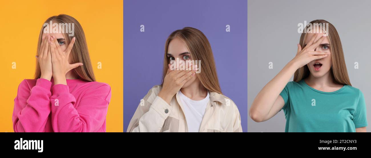 Collage with photos of embarrassed woman on different color backgrounds ...