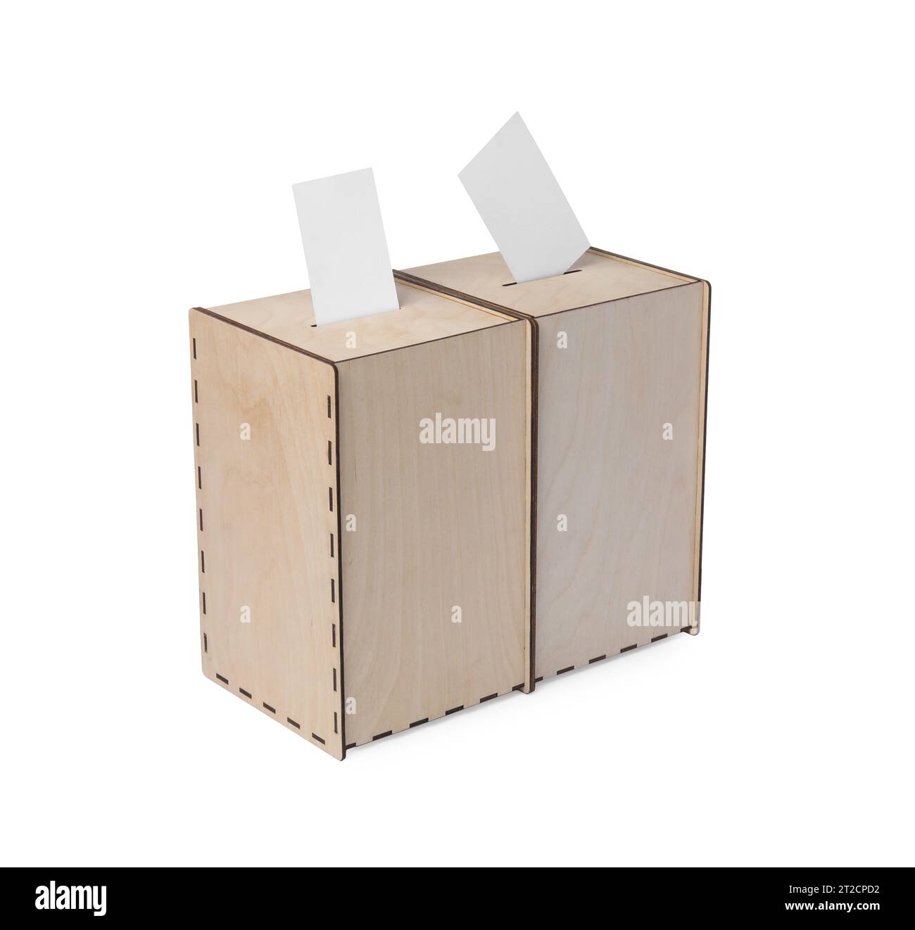 Wooden ballot boxes with votes isolated on white Stock Photo - Alamy