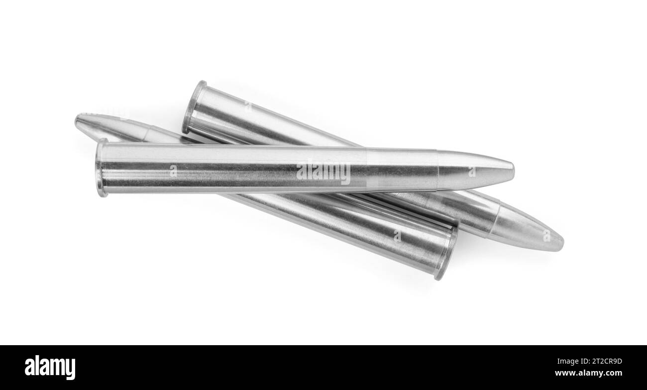 Metal bullets isolated on white, top view. Military ammunition Stock ...