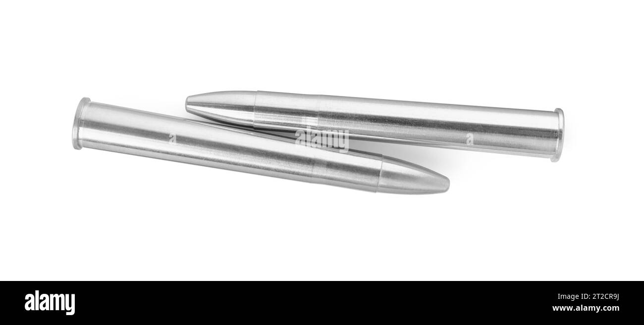 Metal bullets isolated on white, top view. Military ammunition Stock ...