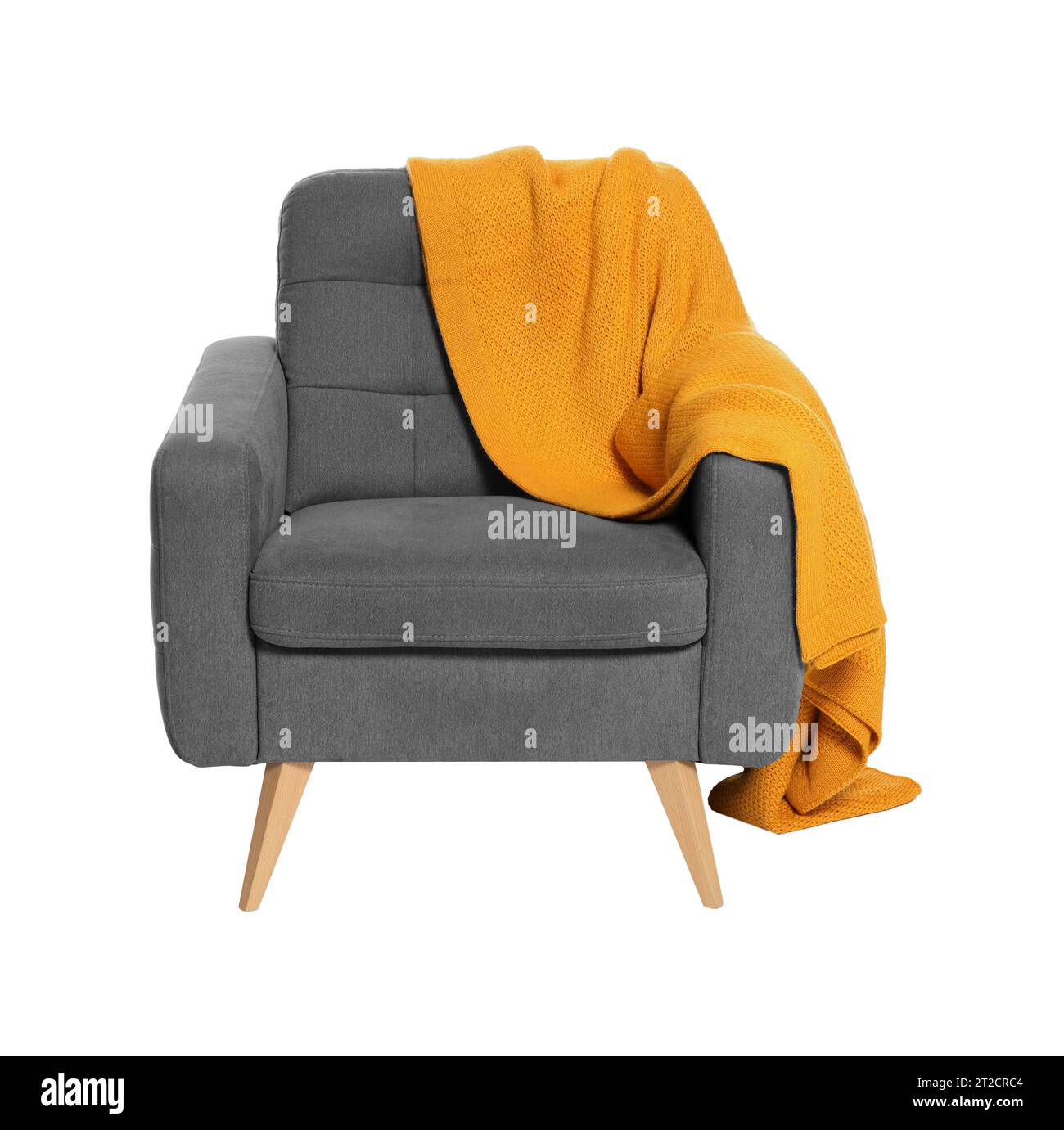 One grey armchair with blanket isolated on white Stock Photo - Alamy