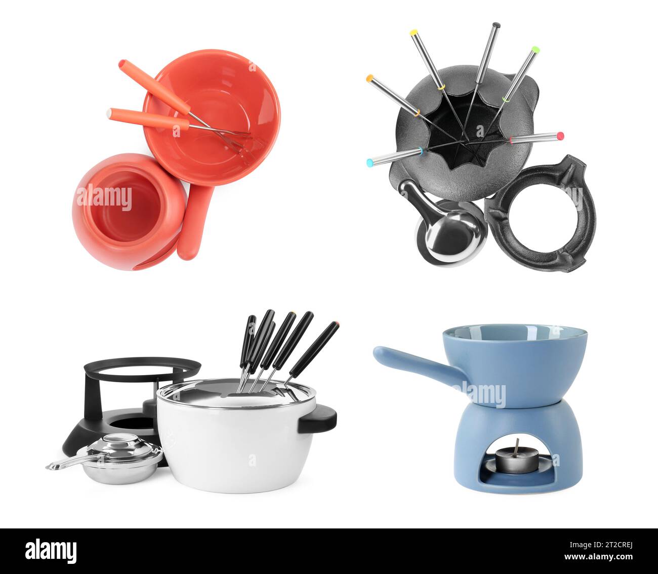 Modern fondue sets isolated on white, collage Stock Photo - Alamy