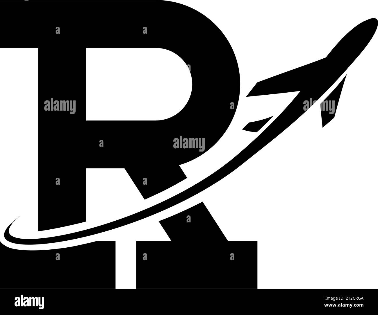 Black Antique Letter R Icon with an Airplane on a White Background ...