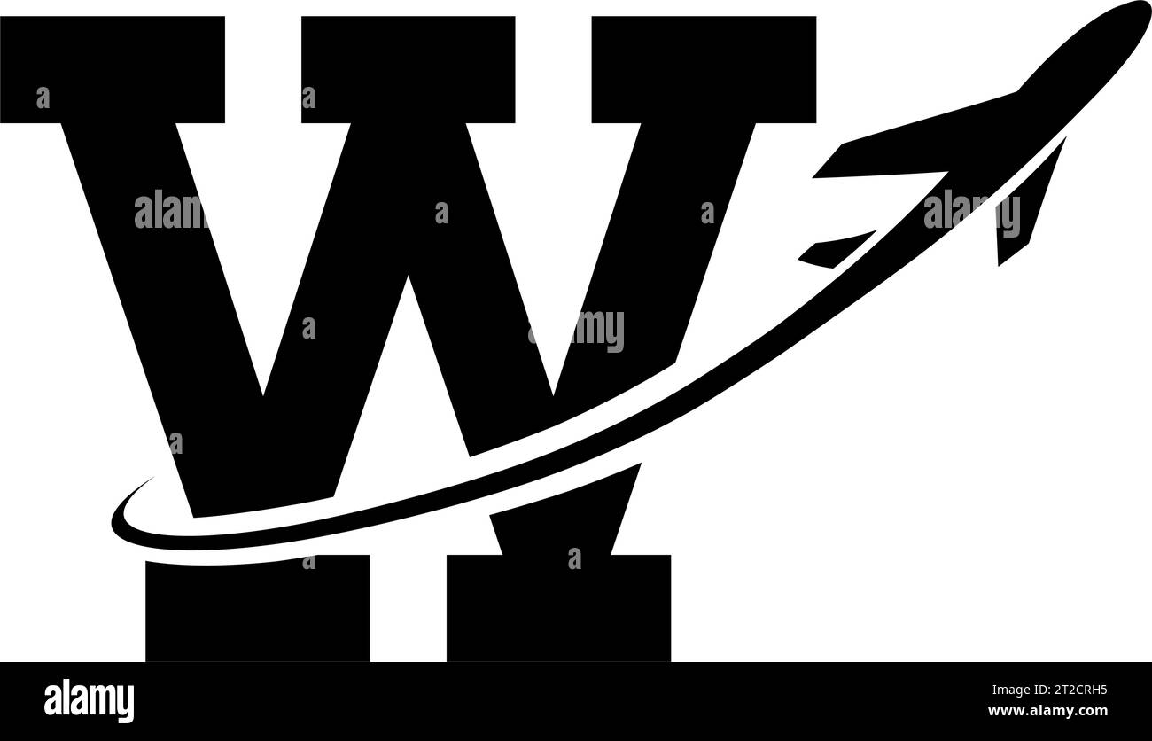 Black Antique Letter W Icon with an Airplane on a White Background ...