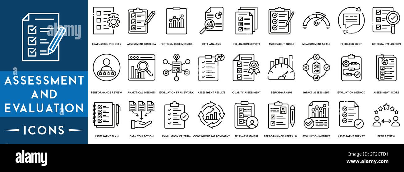 Assessment and evaluation line icons collection. Containing financial statement, audit ...