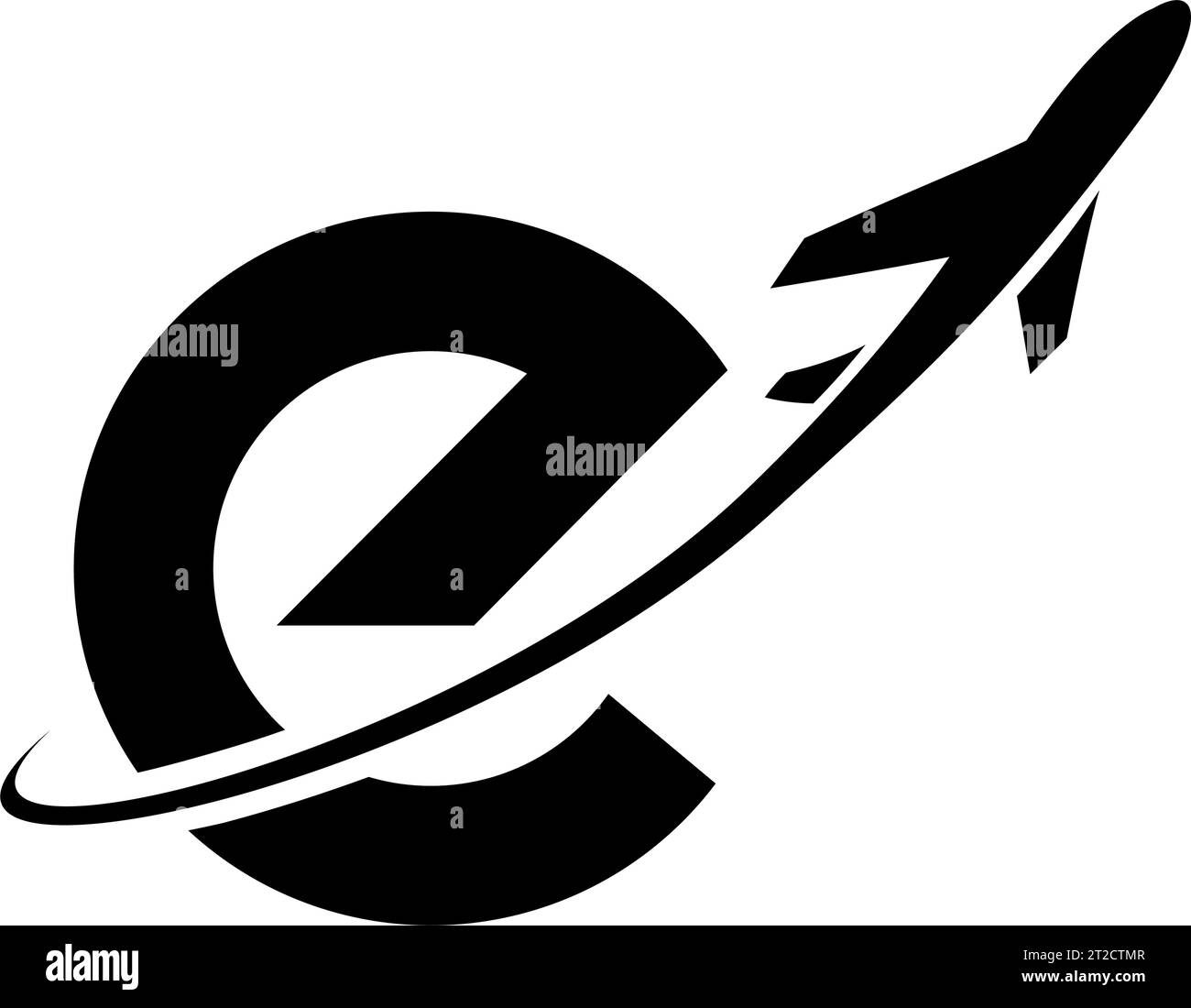Black Lowercase Letter E Icon with an Airplane on a White Background ...