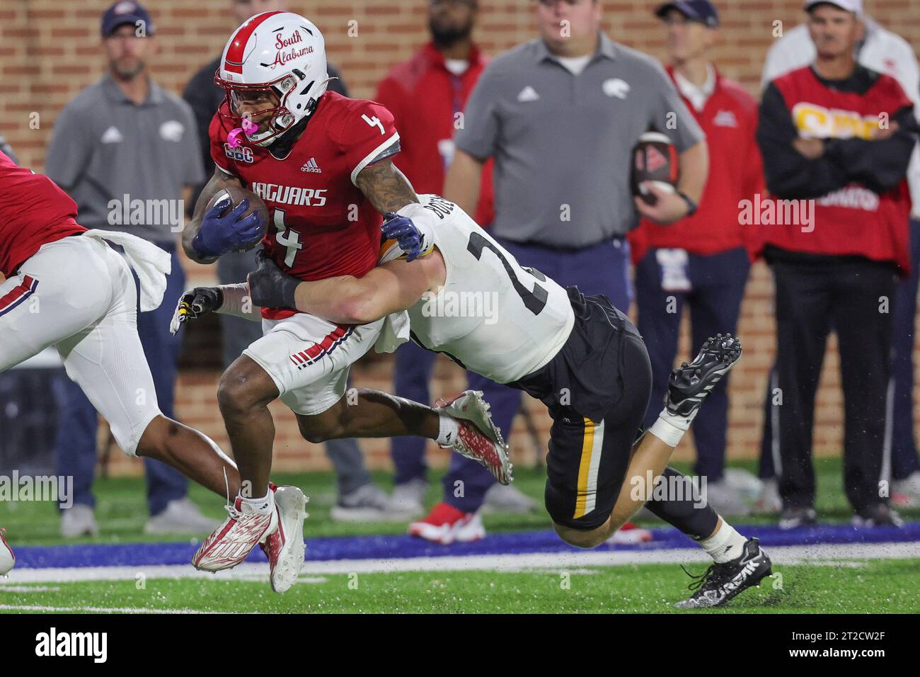 MOBILE, AL - OCTOBER 17: South Alabama Jaguars wide receiver Caullin Lacy (4) is tackled by ...
