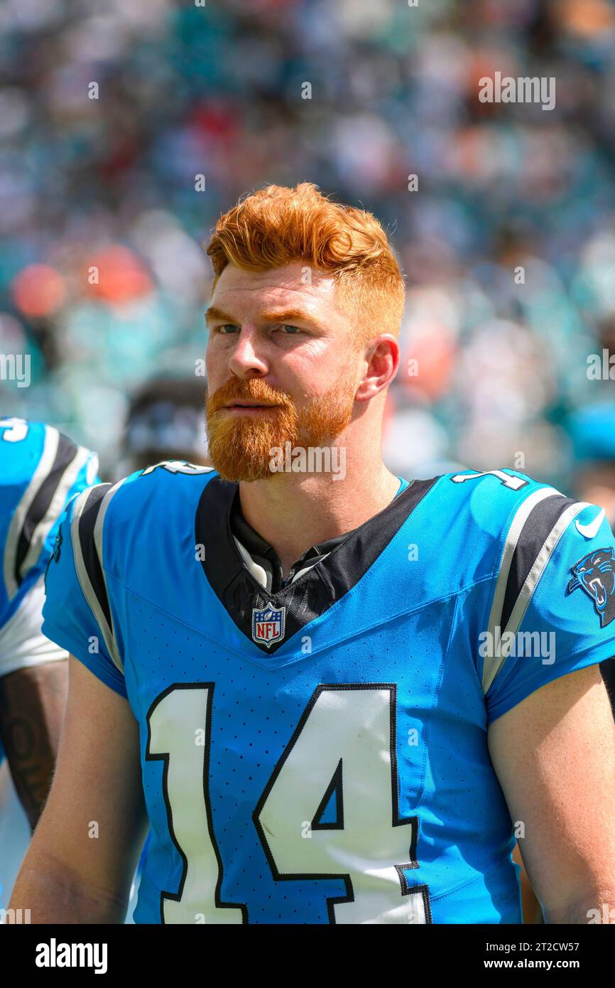 Carolina Panthers quarterback Andy Dalton (14) walks off of the field ...