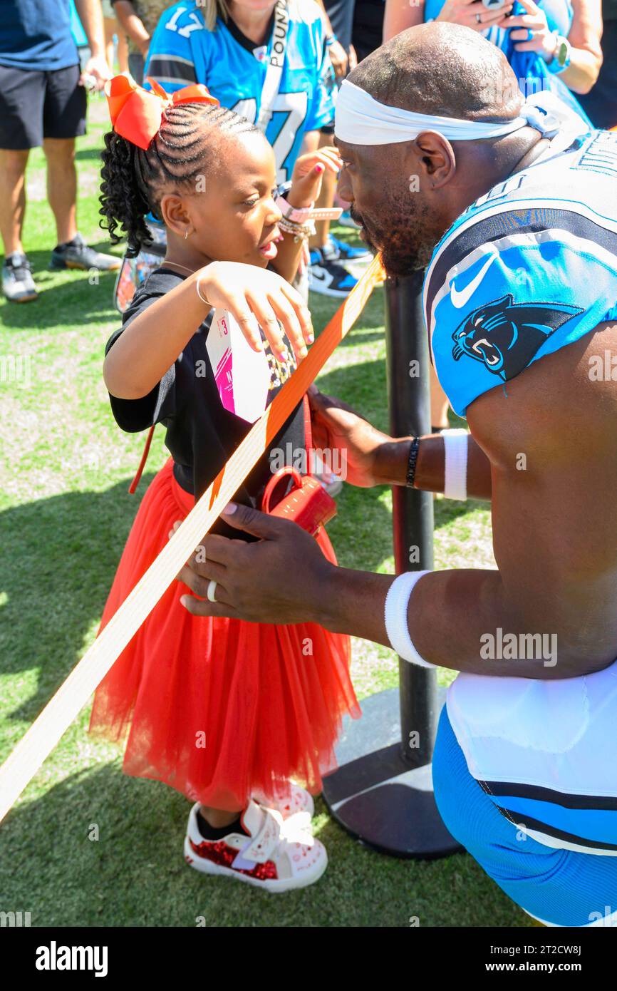 Carolina Panthers linebacker Justin Houston (50) talks with his ...
