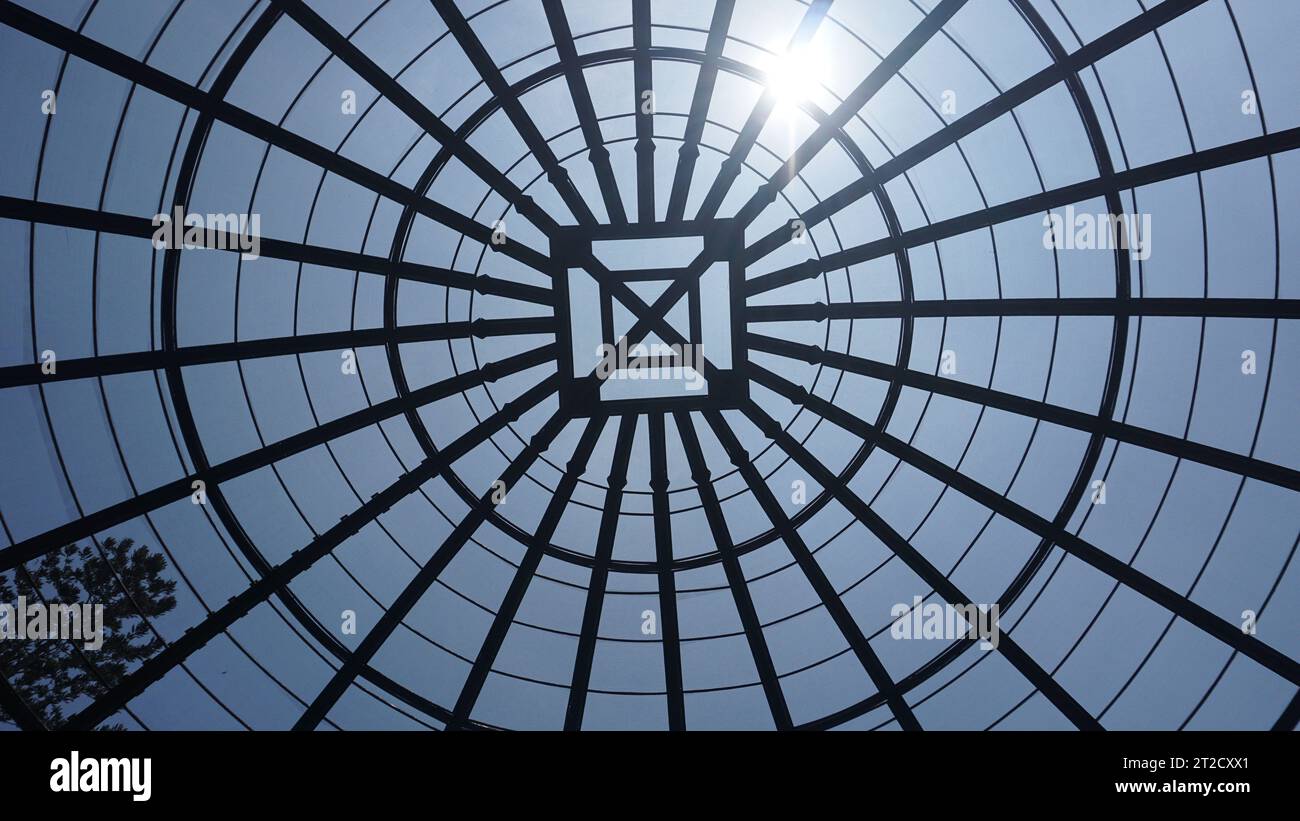 view inside a large aviary dome with curved steel in the form of dome ...