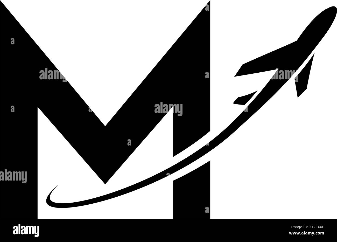 Black Uppercase Letter M Icon with an Airplane on a White Background ...
