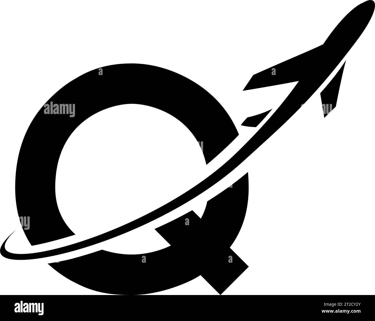 Black Uppercase Letter Q Icon with an Airplane on a White Background ...