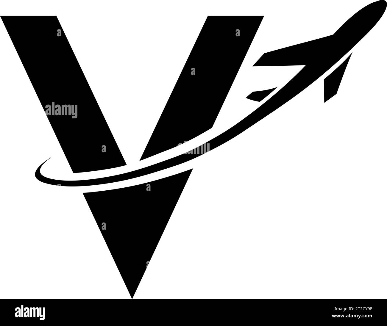Black Uppercase Letter V Icon with an Airplane on a White Background ...