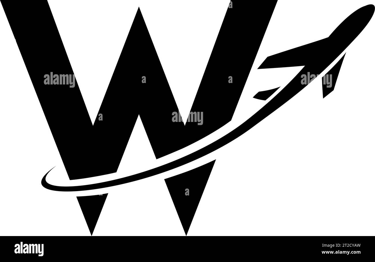 Black Uppercase Letter W Icon with an Airplane on a White Background ...