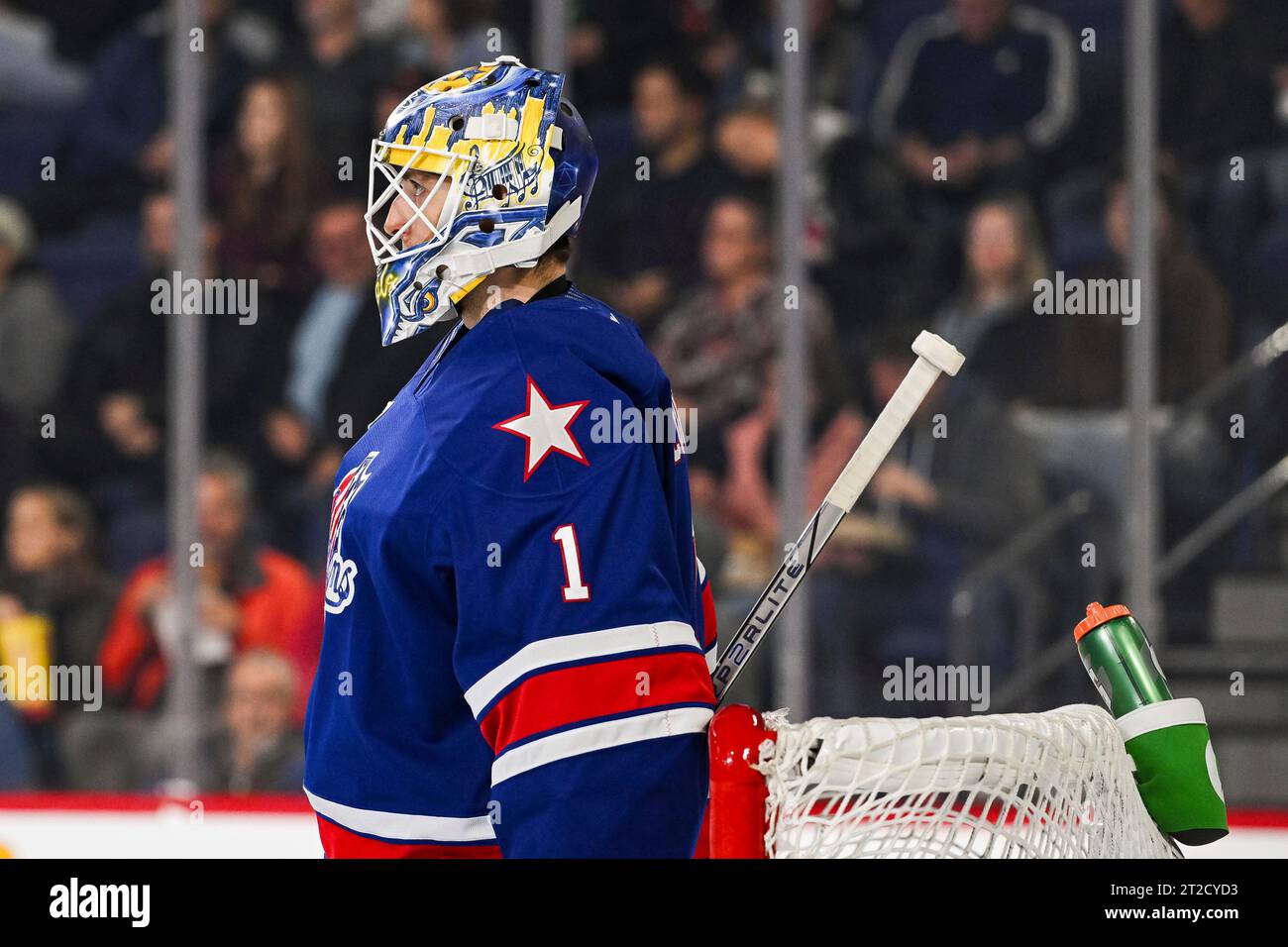 LAVAL, QC - OCTOBER 18: Look on Rochester Americans goalie Devin Cooley ...