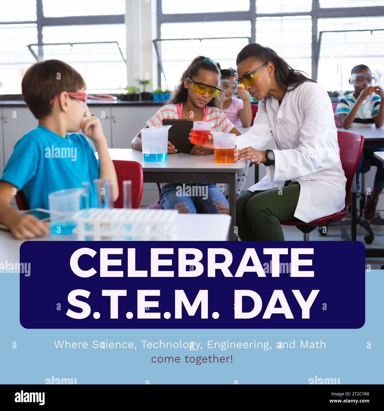 Composite of celebrate stem day text and diverse teacher assisting girl ...