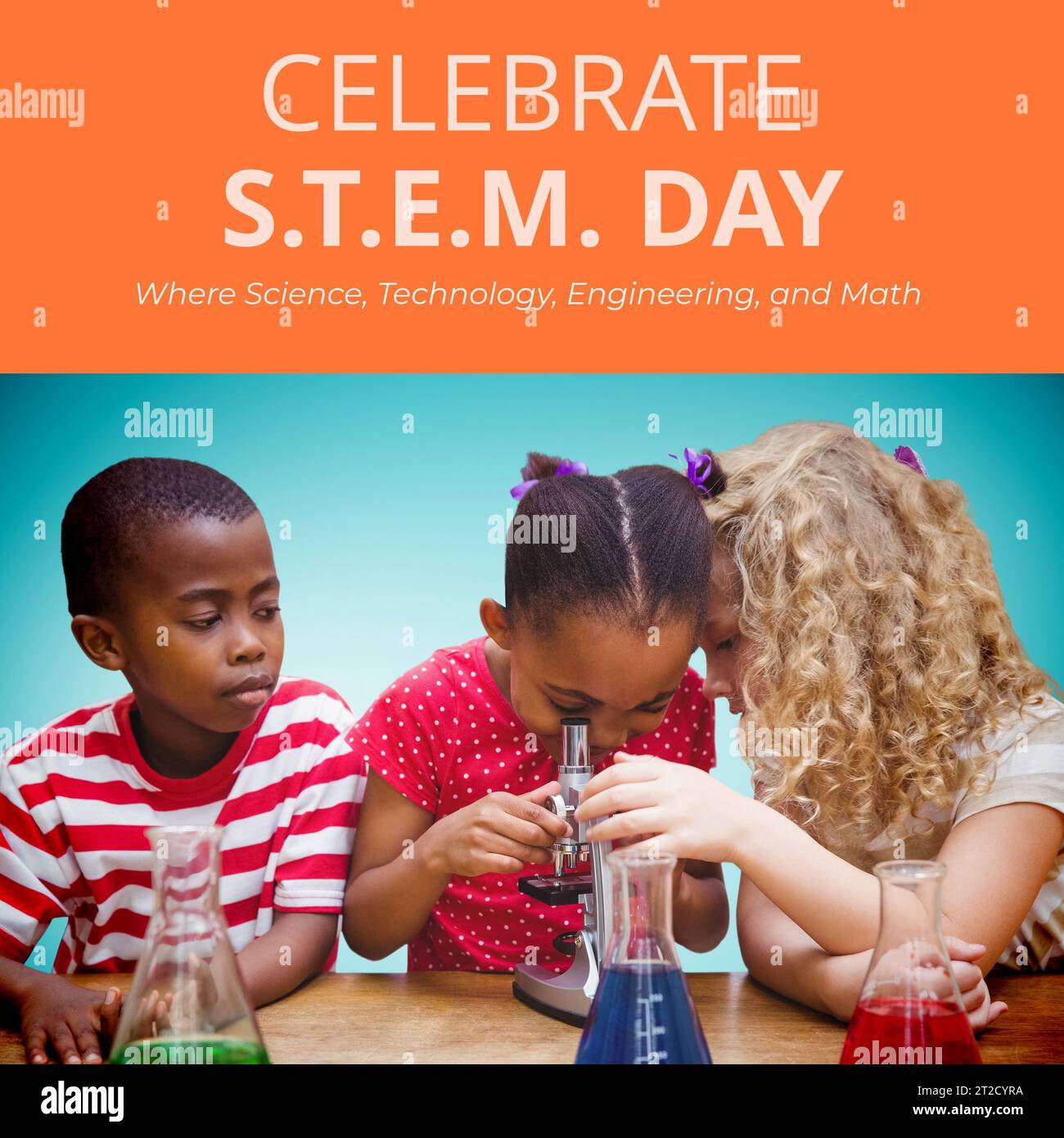 Composite of celebrate stem day text and diverse boy looking at ...