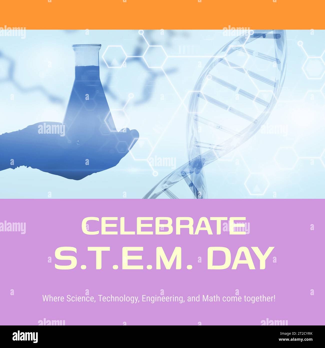 Composite of celebrate stem day text over scientist hand with flask ...
