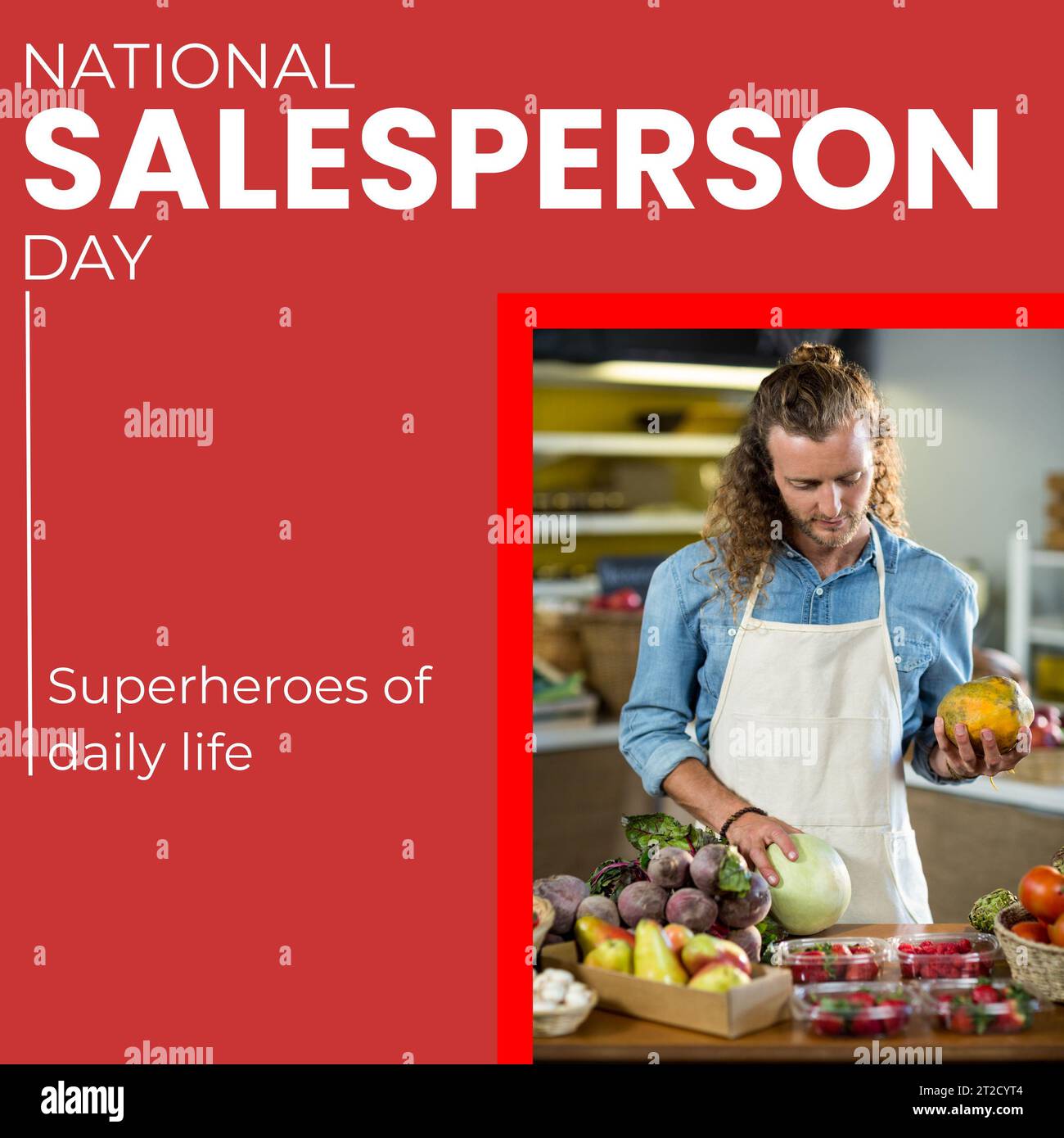 Composite of national salesperson day text, caucasian male vendor ...