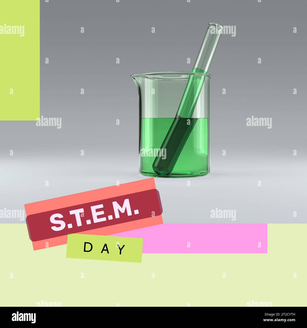 Composite of stem day text and green chemical in test tube and flask on ...