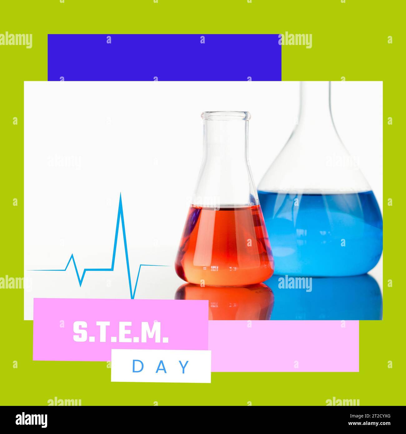 Composite of blue and red chemical in test tubes and flasks and stem ...