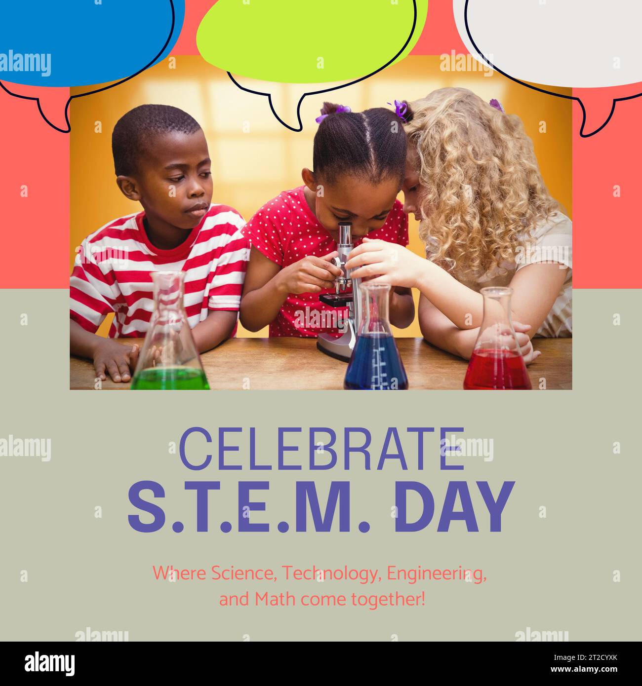 Composite of celebrate stem day text over diverse children looking ...