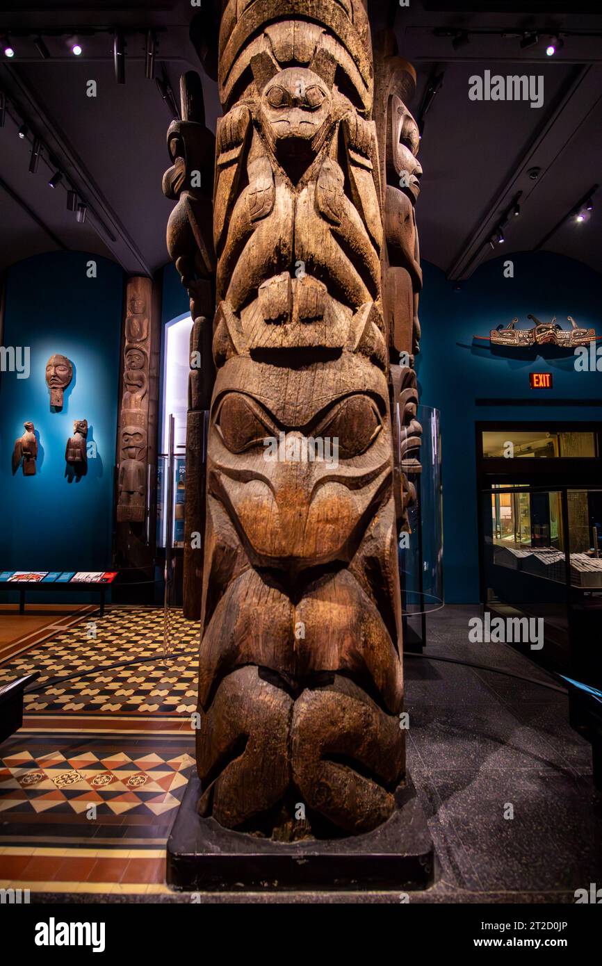 New York, NY – US – Oct 9, 2023 Vertical interior view of a totem pole ...