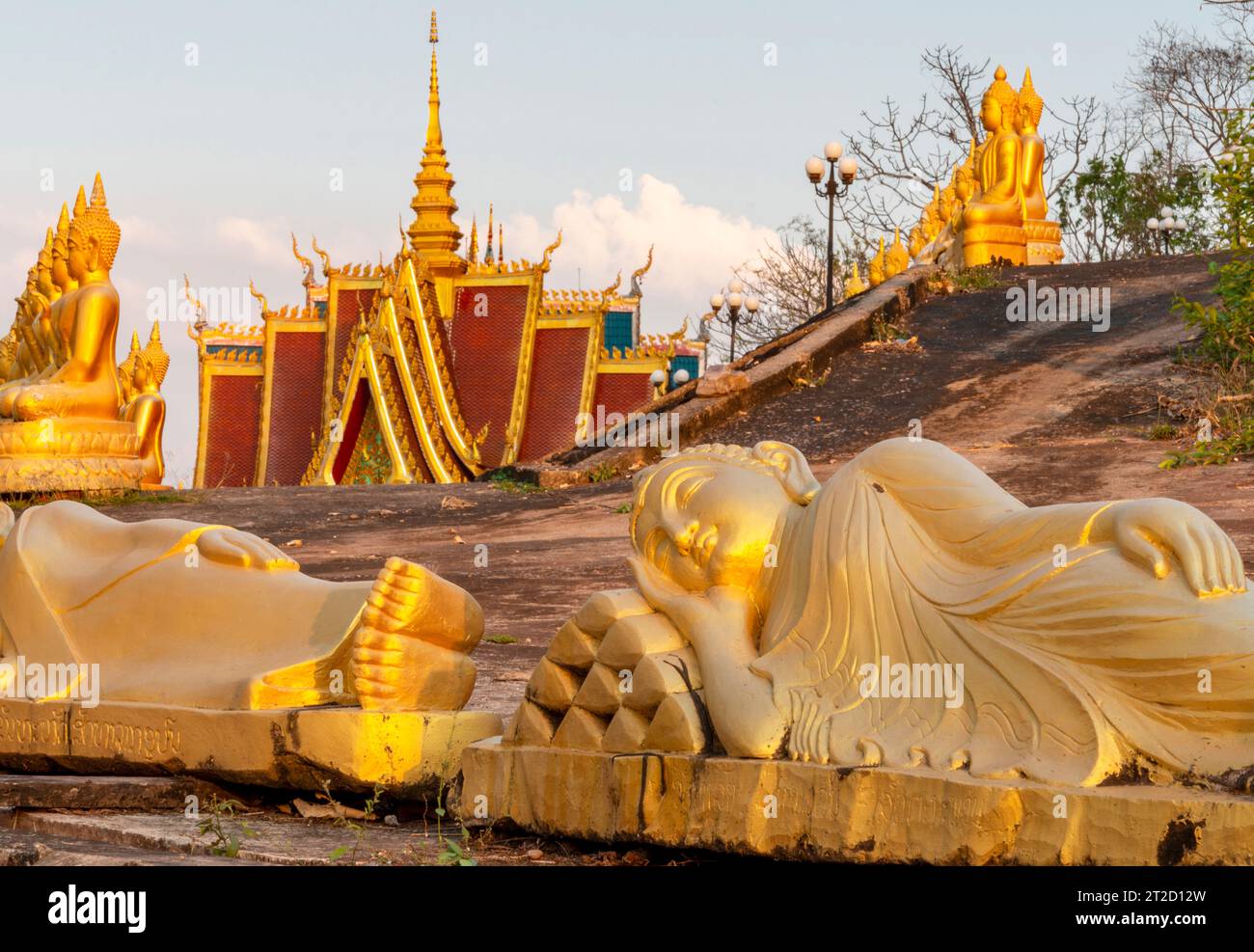 Rows of beautiful,miniature,vibrant gold sculptures of Buddha ...