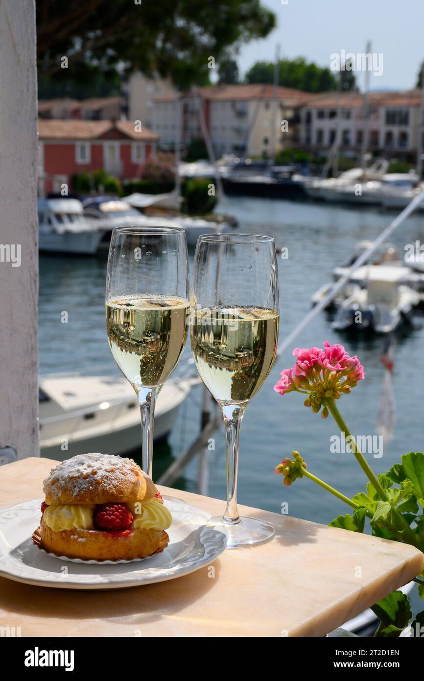 Drinking of French brut champagne sparkling wine with cake Tarte ...