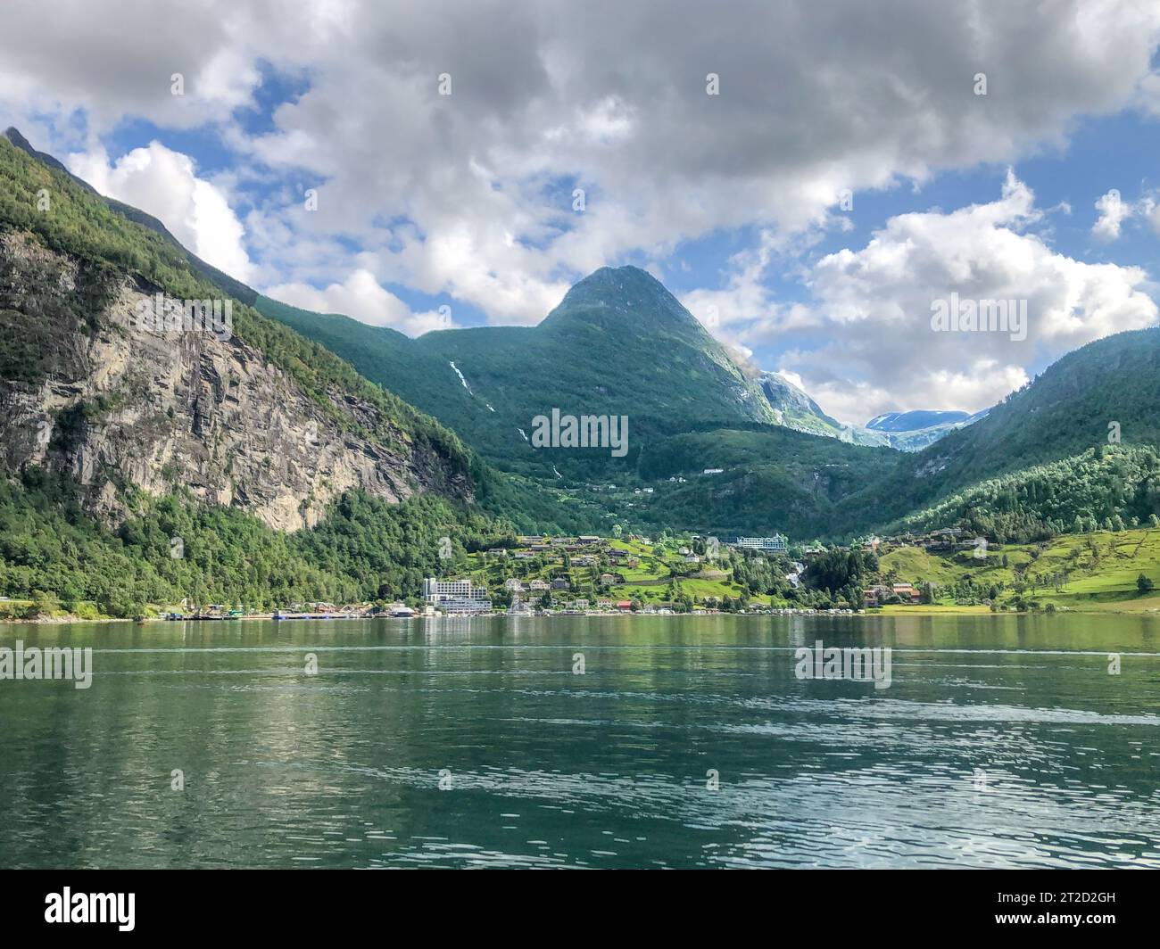 scenic view to village of Geiranger with the famous fjord, Norway Stock ...