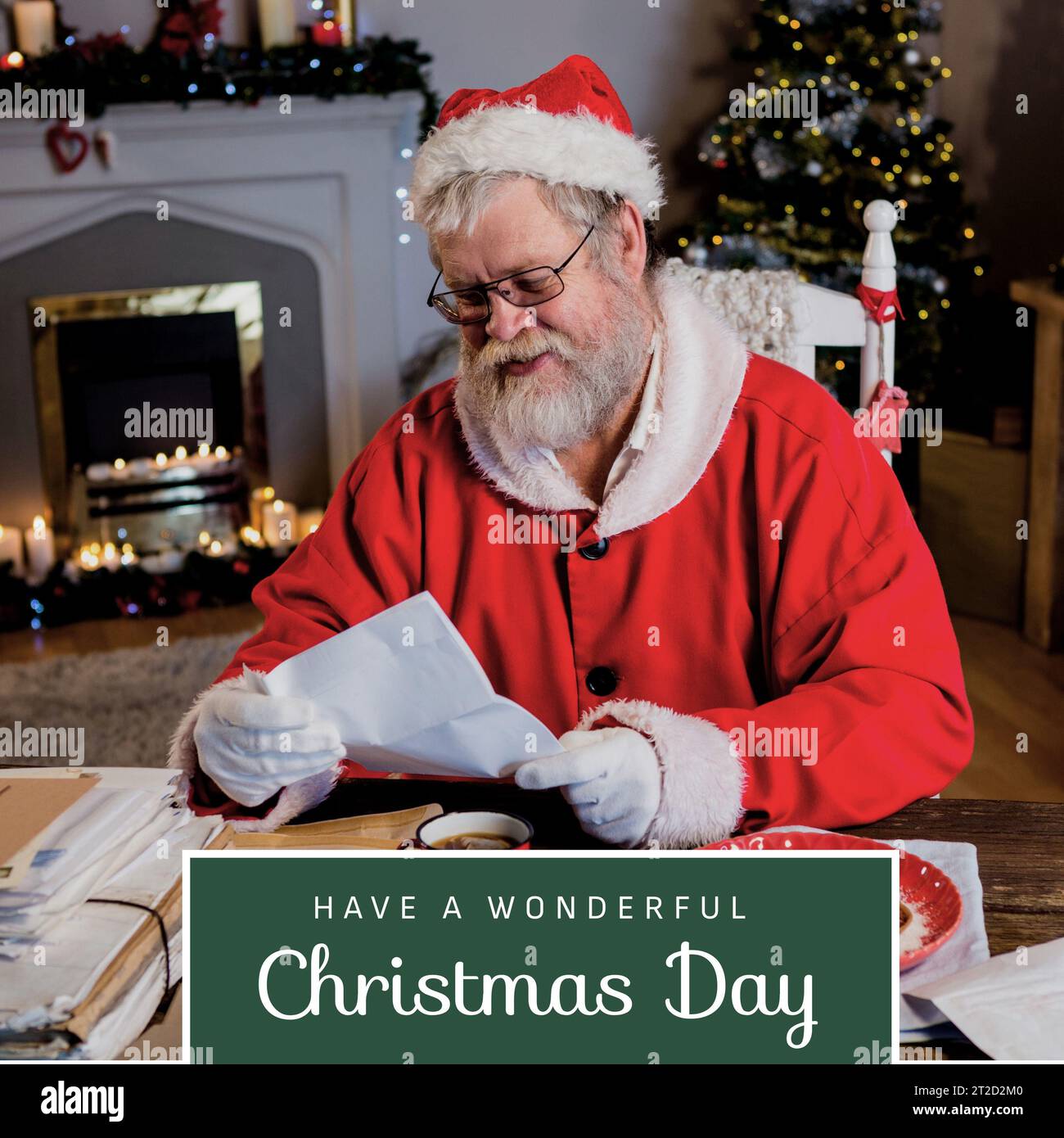 Composite of caucasian santa claus reading letter at desk and have a ...