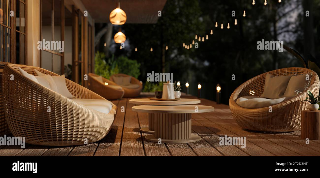 Side view of a beautiful deck with cosy round wicker armchairs, outdoor ...