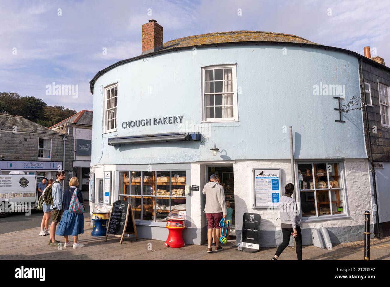 Padstow town centre Chough Bakery with customers ordering bread rolls ...