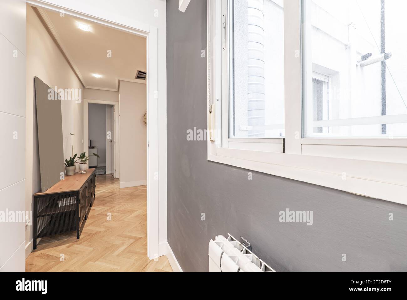 Hall and hallway of a residential apartment with oak parquet floors, a ...