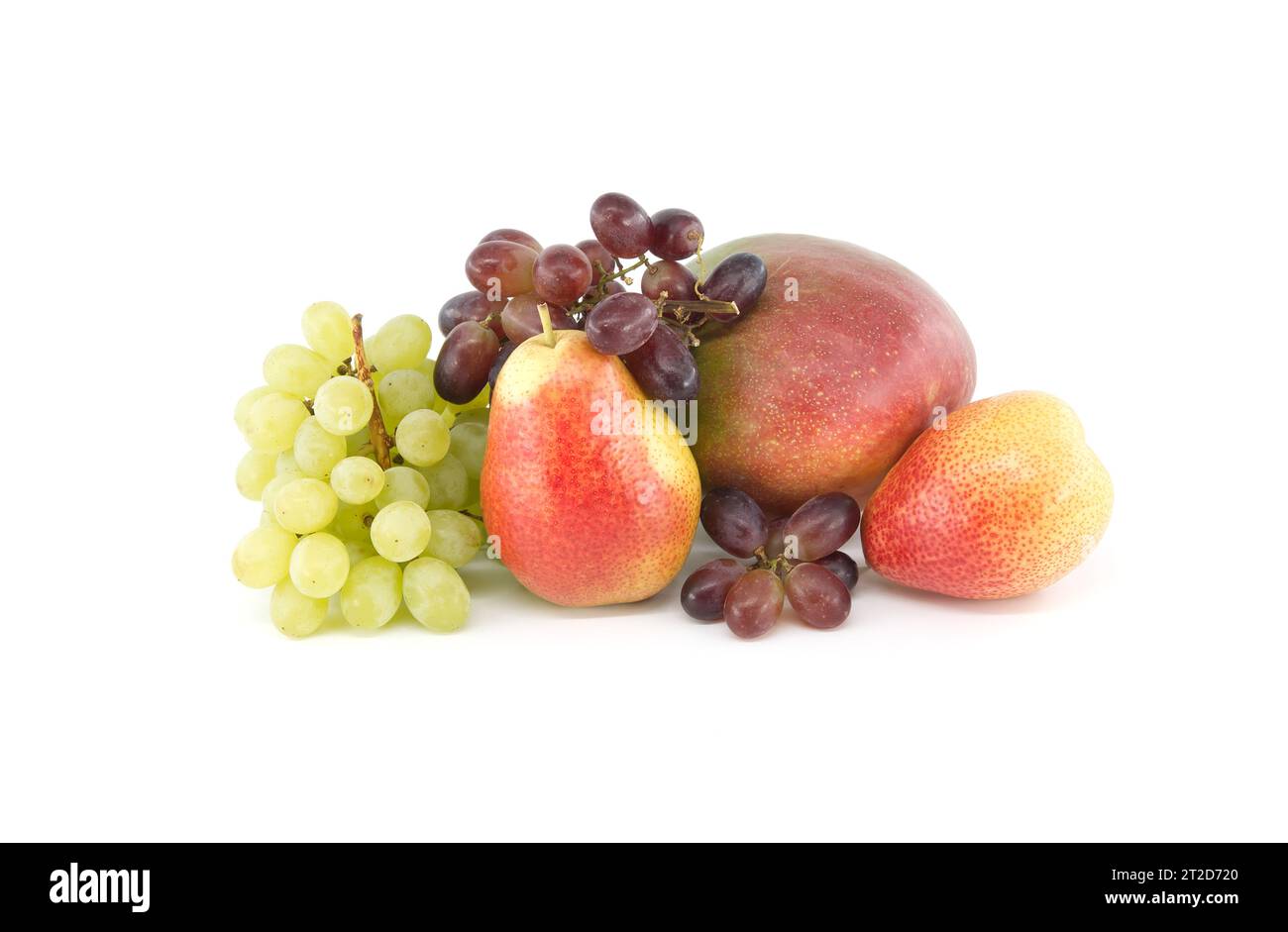 Fresh multicolored ripe pears and mango fruits, red and green grapes ...