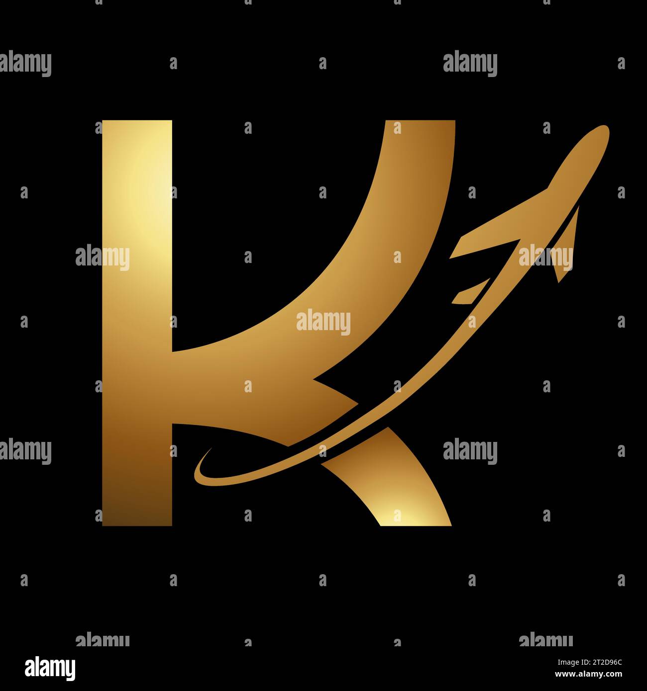 Glossy Gold Uppercase Letter K Icon with an Airplane on a Black ...