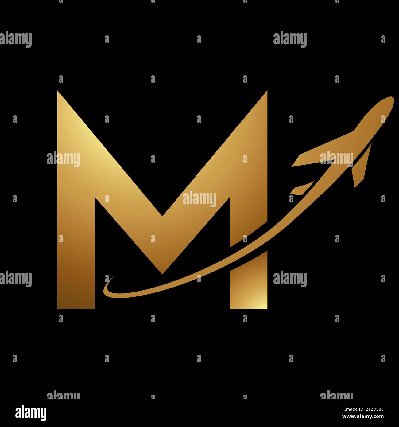 Glossy Gold Uppercase Letter M Icon with an Airplane on a Black ...