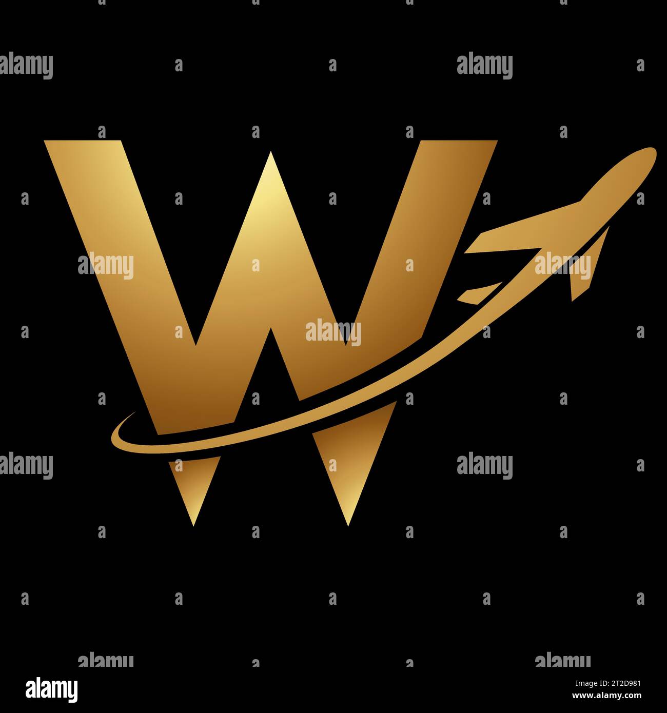 Glossy Gold Uppercase Letter W Icon with an Airplane on a Black ...